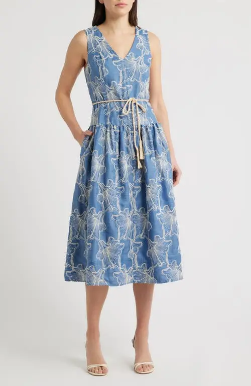 Julia Jordan Floral Embroidery Sleeveless Midi Dress - Blue Multi