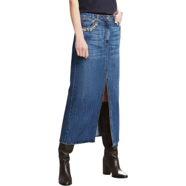 OTTOD'AME Denim Midi Skirt With Jewel Embellishments