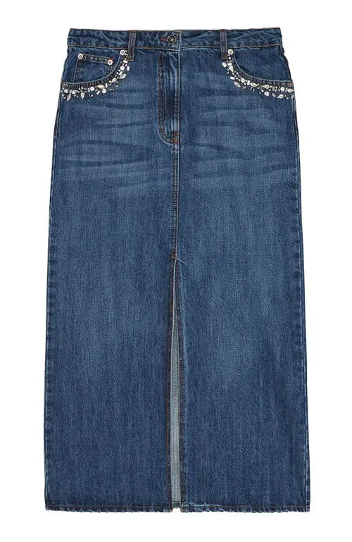 OTTOD'AME Denim Midi Skirt With Jewel Embellishments
