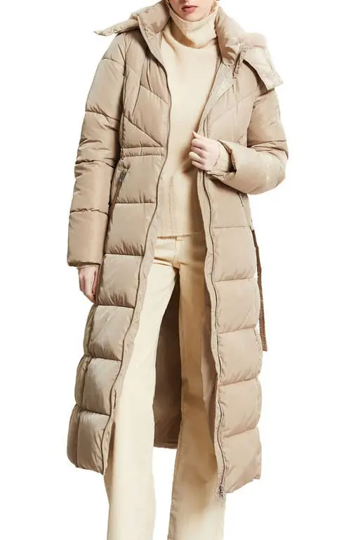 OTTOD'AME Quilted Puffer Long Jacket With Belt - Stone