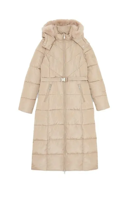 OTTOD'AME Quilted Puffer Long Jacket With Belt - Stone