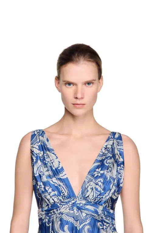 Sandro Floral Print Maxi Dress - Blue/ecru