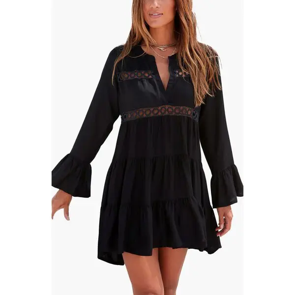 LASCANA Flared Sleeve Tiered Dress - Black