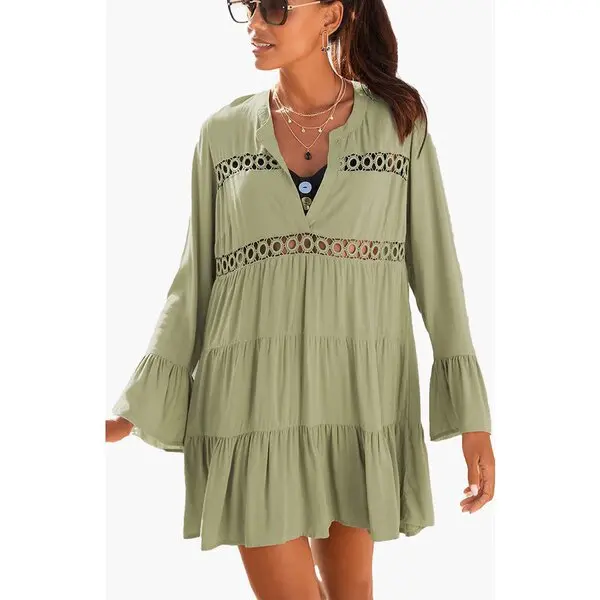 LASCANA Flowy Flared Sleeve Dress With Lace Inserts - Olive