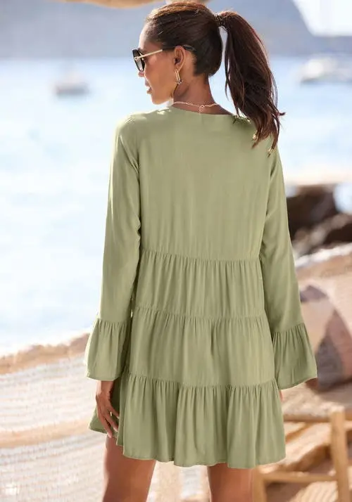 LASCANA Flowy Flared Sleeve Dress With Lace Inserts - Olive