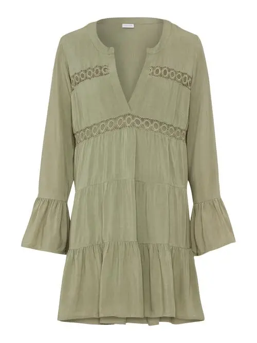 LASCANA Flowy Flared Sleeve Dress With Lace Inserts - Olive