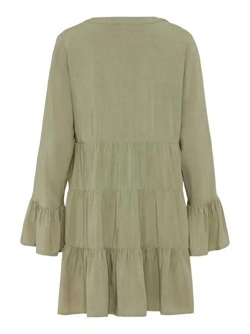 LASCANA Flowy Flared Sleeve Dress With Lace Inserts - Olive