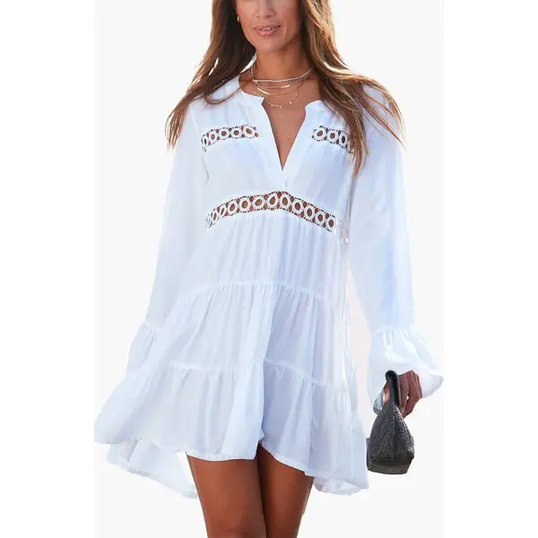 LASCANA Flared Sleeve Tiered Dress - White