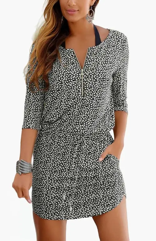 LASCANA Zip Detail Printed Dress - Black Printed