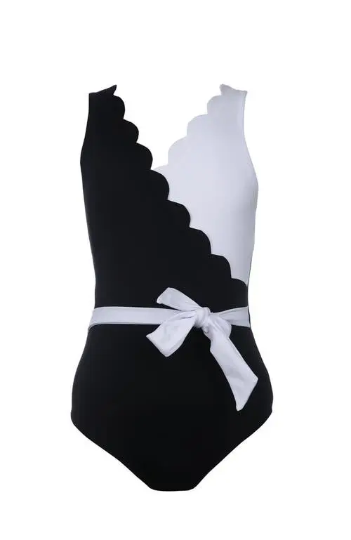 NESSI BYRD Scalloped Wrap With Waist Bow One-piece Swimsuit - Black-white