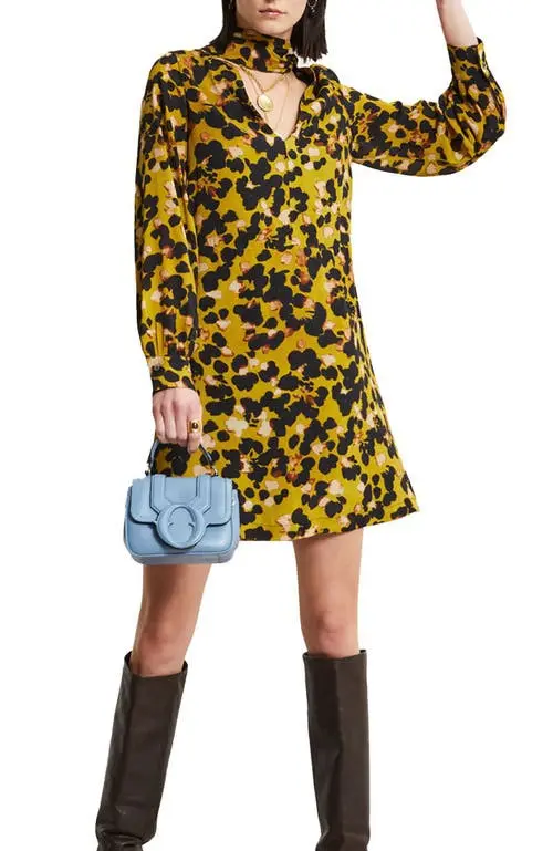 OTTOD'AME Printed Viscose Short Dress With Scarf Neck - Yellow