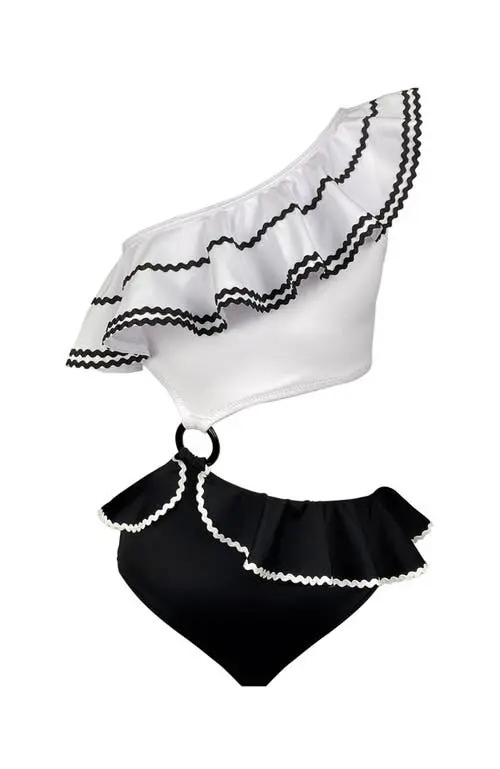 NESSI BYRD One-shoulder Cutout Ring-detail One-piece Swimsuit - White-black