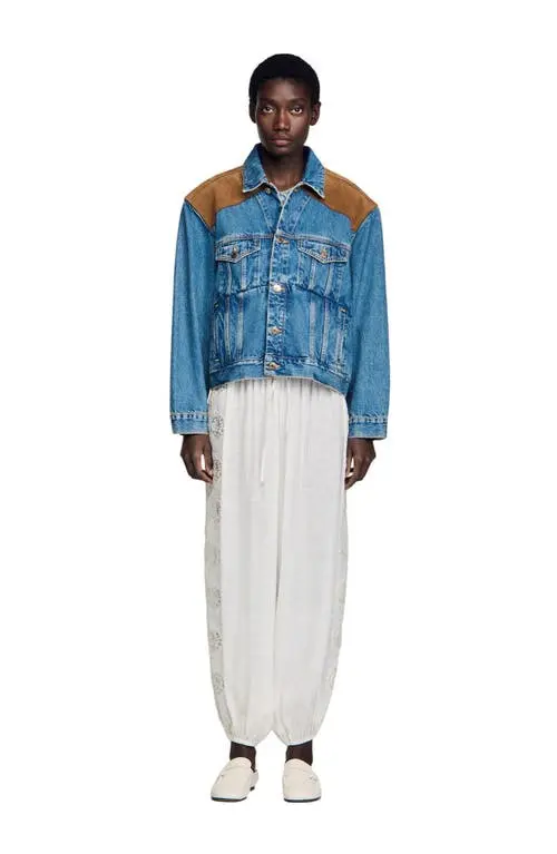 Sandro Denim And Suede Oversized Jacket - Light Bu Jean