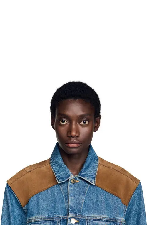 Sandro Denim And Suede Oversized Jacket - Light Bu Jean