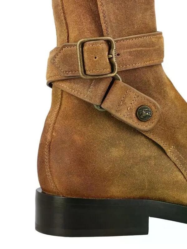 Burberry Waxed Calf Suede Buckle Strap Ankle Boots