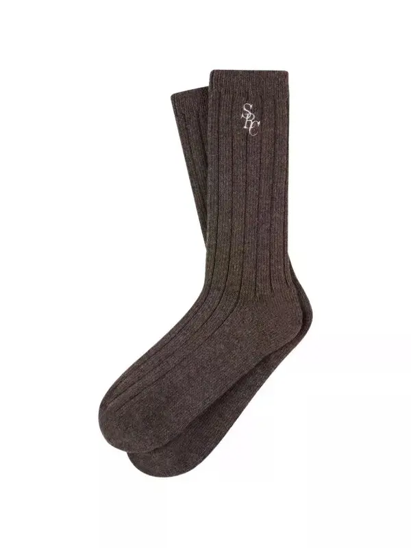 SPORTY & RICH Ribbed Knit Crew Socks - Brown