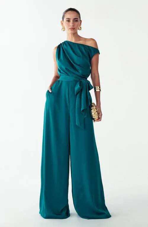 WILLA Asymmetrical Draped Wide-leg Jumpsuit - Peacock Blue