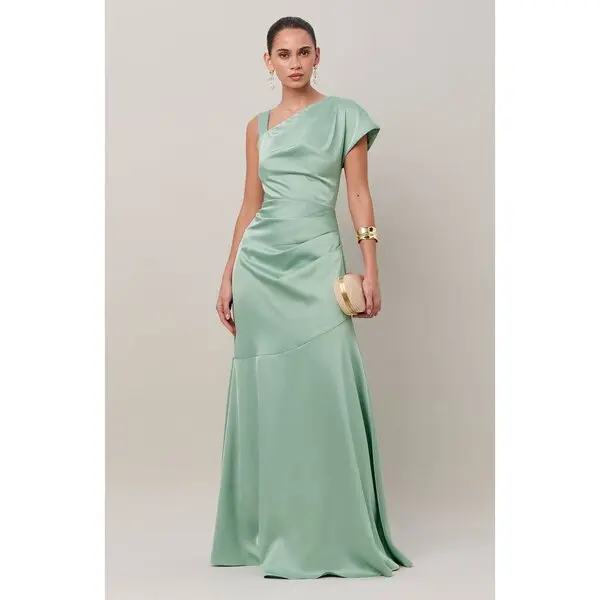 SAVEL Natalia Maxi Dress With Asymmetric Neckline And Draping - Light Sage