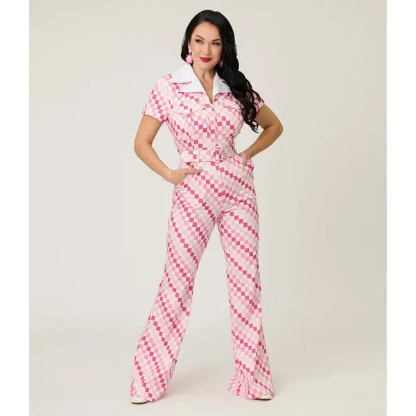 SMAK PARLOUR Retro Flare Jumpsuit - Pink Checkerboard