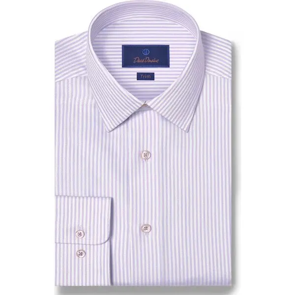 David Donahue Trim Fit Herringbone Stripe Cotton & Silk Dress Shirt - White/lilac