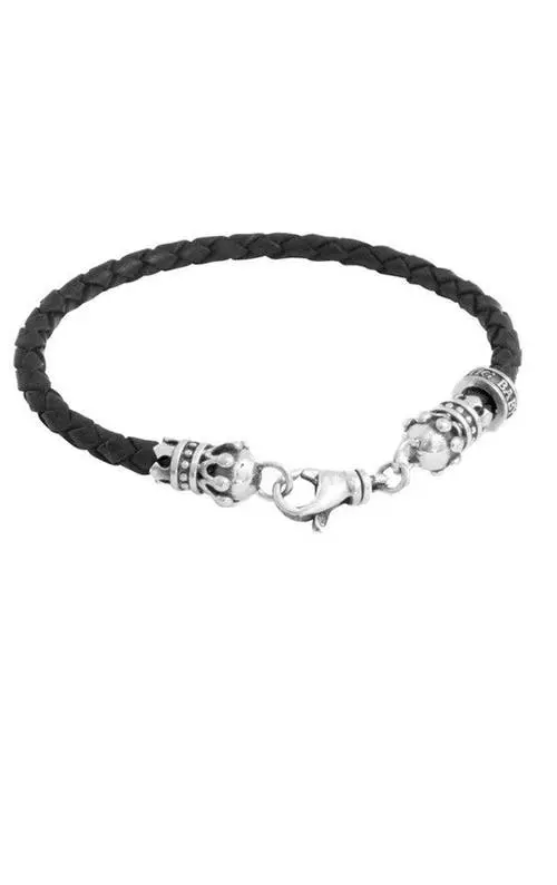 KING BABY STUDIO Small Leather Braid With Crowns Bracelet - Silver