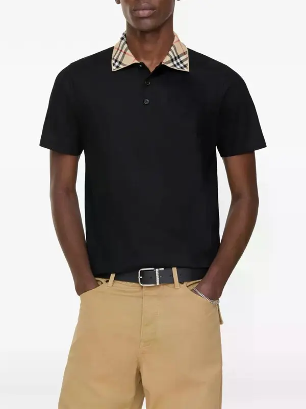 Burberry Check Collar Cotton Polo Shirt - Black