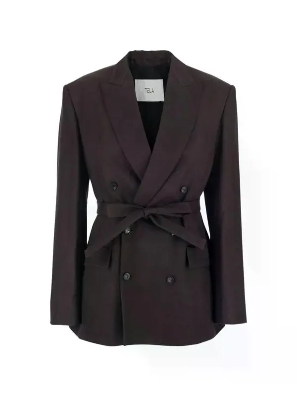 TELA Double-breasted Belted Blazer - Brown