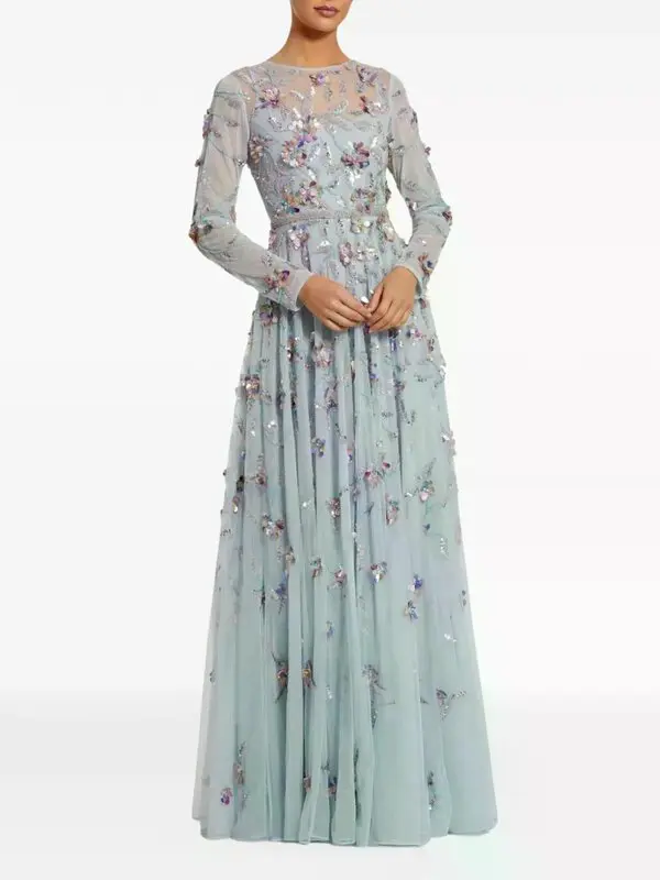 Mac Duggal Floral-embellished Mesh Maxi Dress - Blue