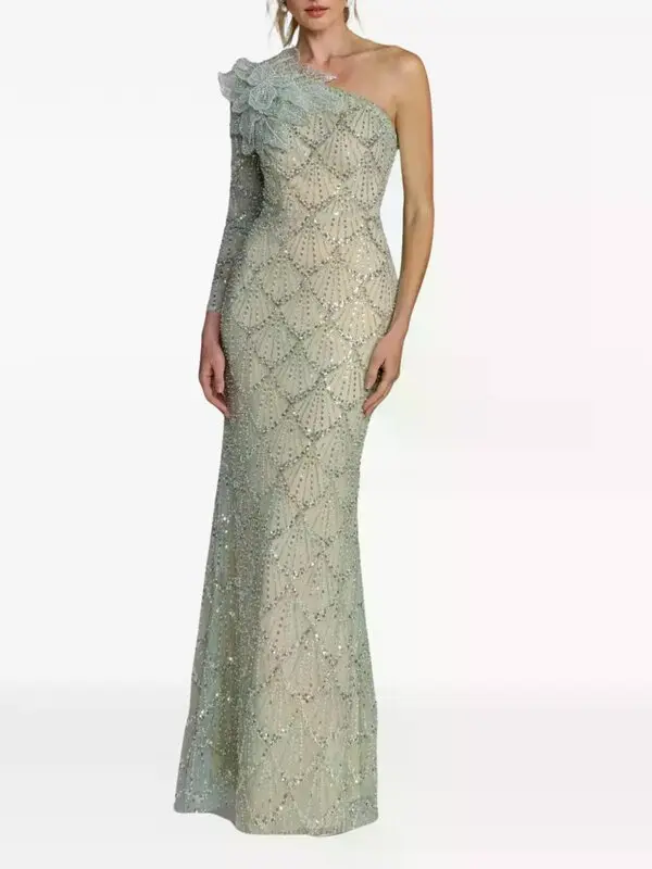 Mac Duggal Flower-embellished One-shoulder Maxi Dress - Neutrals