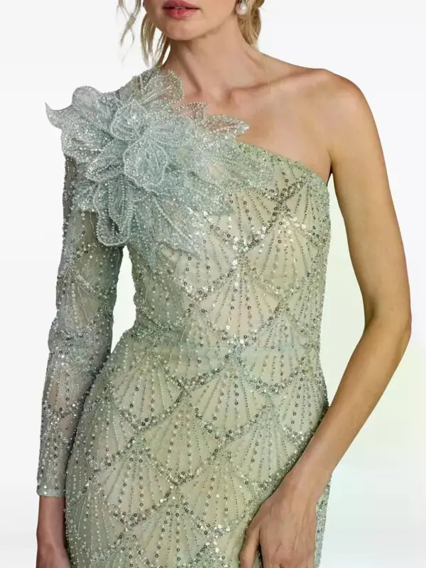 Mac Duggal Flower-embellished One-shoulder Maxi Dress - Neutrals