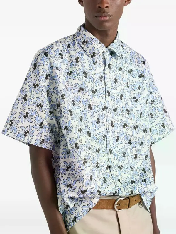 Prada Printed Cotton Blend Bowling Shirt - White