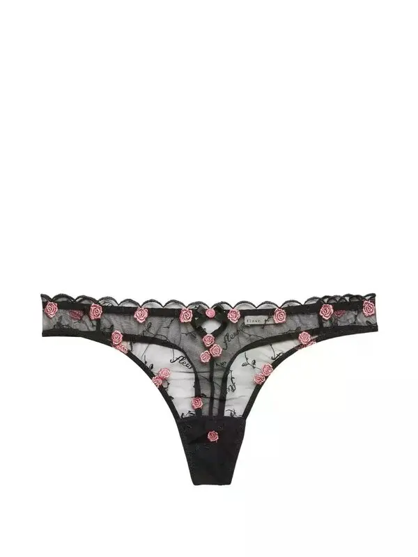 FLEUR DU MAL Rose-embroidery Mesh Thong - Black