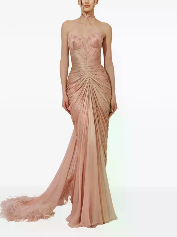 IRIS SERBAN Yasmina Feather-trim Maxi Dress - Pink