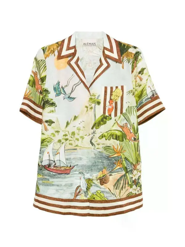 ALEMAIS Printed Shirt With Striped Trim - Blue