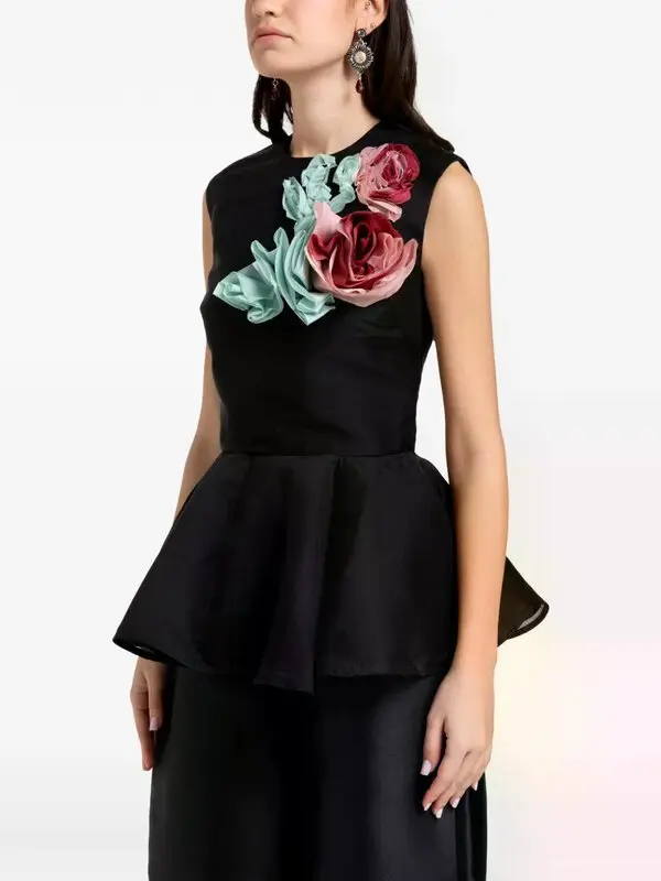MARQUES' ALMEIDA Floral-appliqué Peplum Top - Black