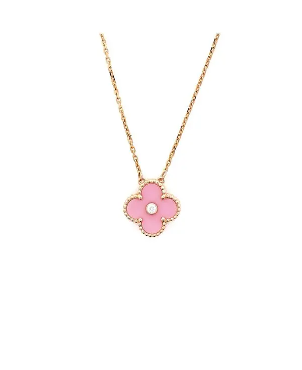 VAN CLEEF & ARPELS Vintage Alhambra Pendant Necklace 18k Rose Gold And Sevres Porcelain With Diamond 16.25 - Pink