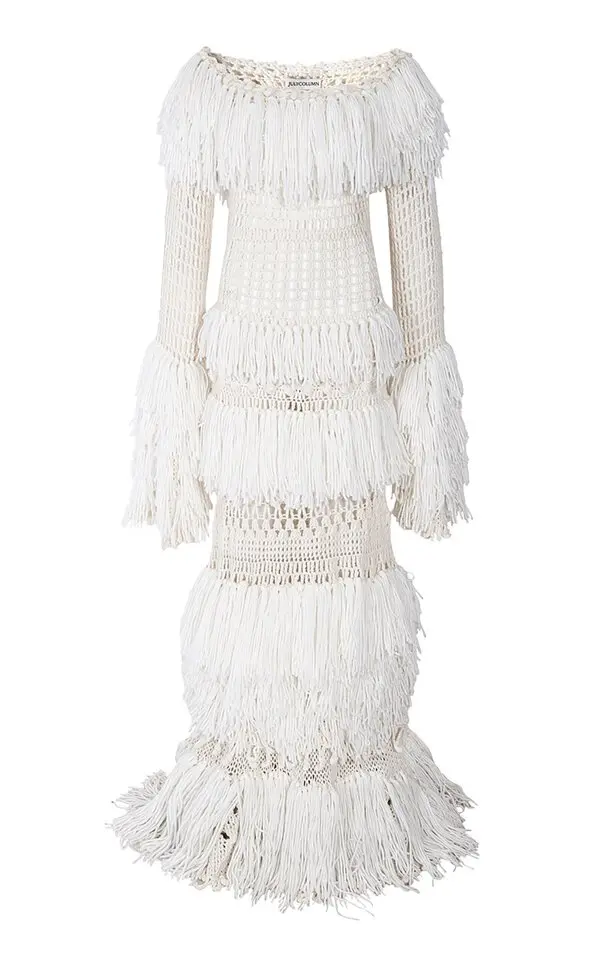 JULYCOLUMN Glene Wool-blend Fringed Knit Maxi Dress - White