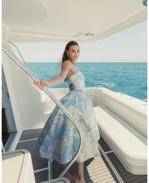 blue strapless brocade midi dress with pockets Mac Duggal Petite Size:L (PREORDER) family gatherings Raml 13 Best navy blue