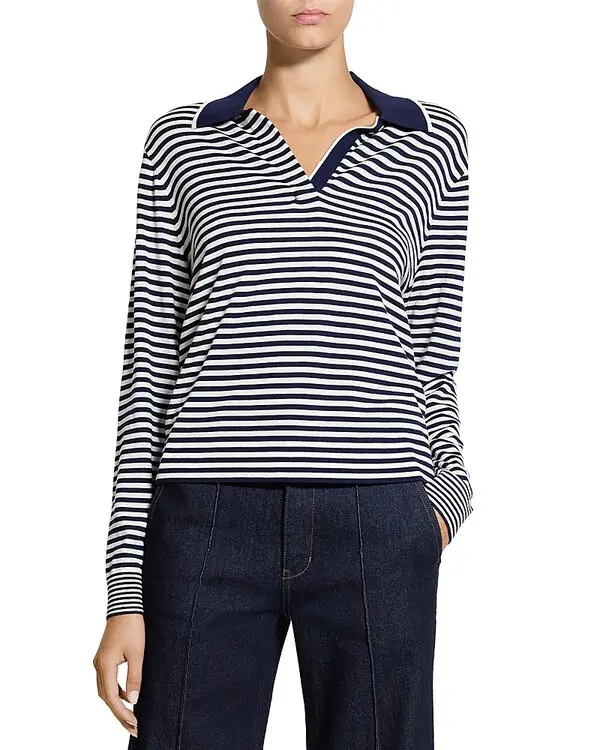 Theory Merino Wool Striped Polo Pullover Sweater - Dark Navy