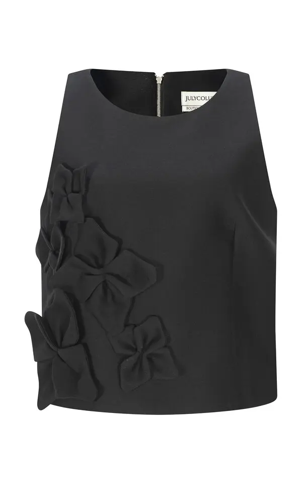 JULYCOLUMN Lotus Wool Silk Appliqué Top - Black