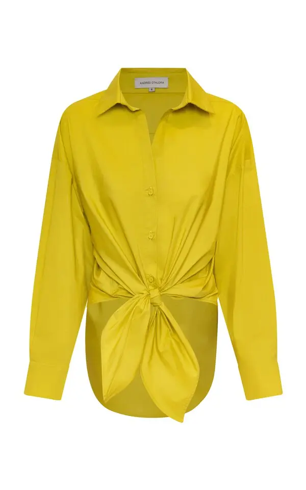 ANDRES OTALORA Una Pausa Tie-front Cotton-poplin Top - Lime Green