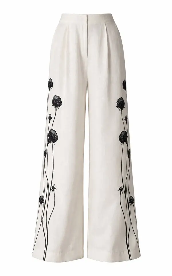 ANDRES OTALORA Linen Wide-leg Pants With Floral Embroidery - Print