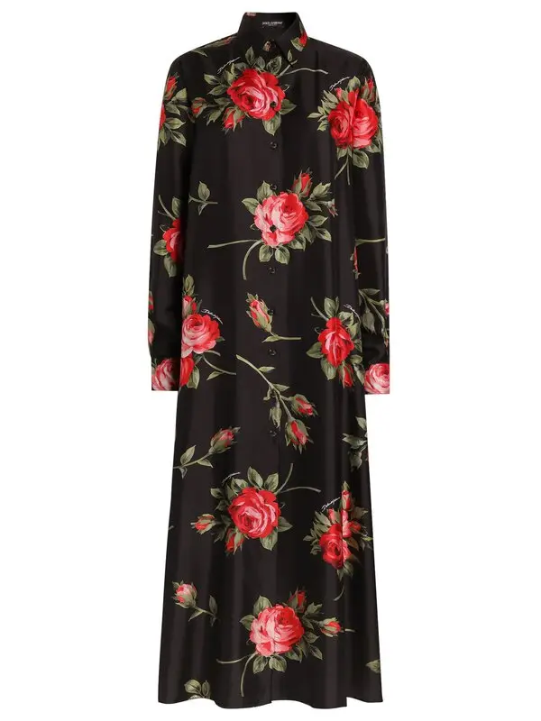 Dolce & Gabbana Rose Bouquet Print Twill Long Dress - Black