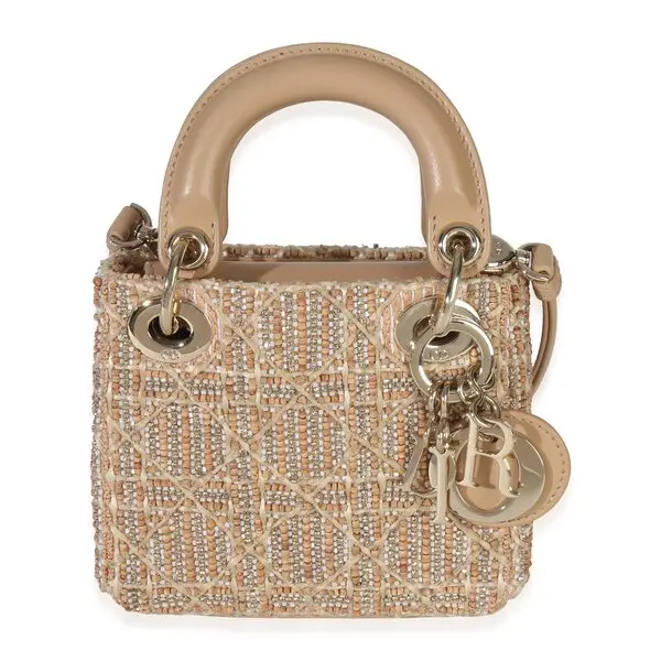 Dior Gold Beaded Crystal Lambskin Cannage Micro Lady - Beige