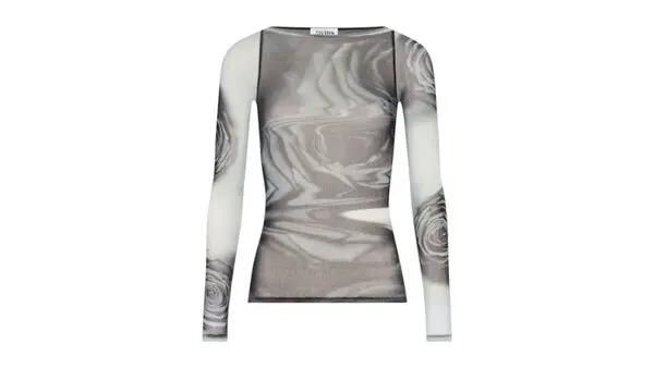 Jean Paul Gaultier Mesh Boat With Long Sleeve Printed Blurry Roses Neck Top - White/grey