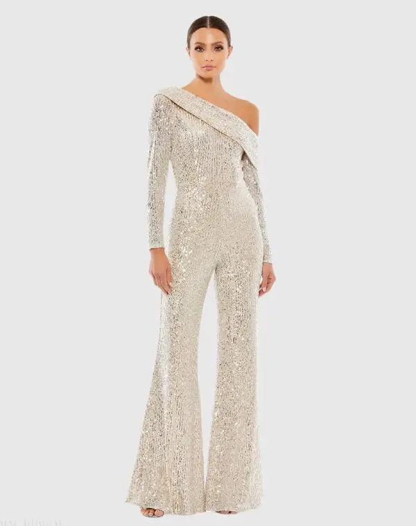 Mac Duggal Silver Sequined Drop Shoulder Long Sleeve Jumpsuit - Nude Silver