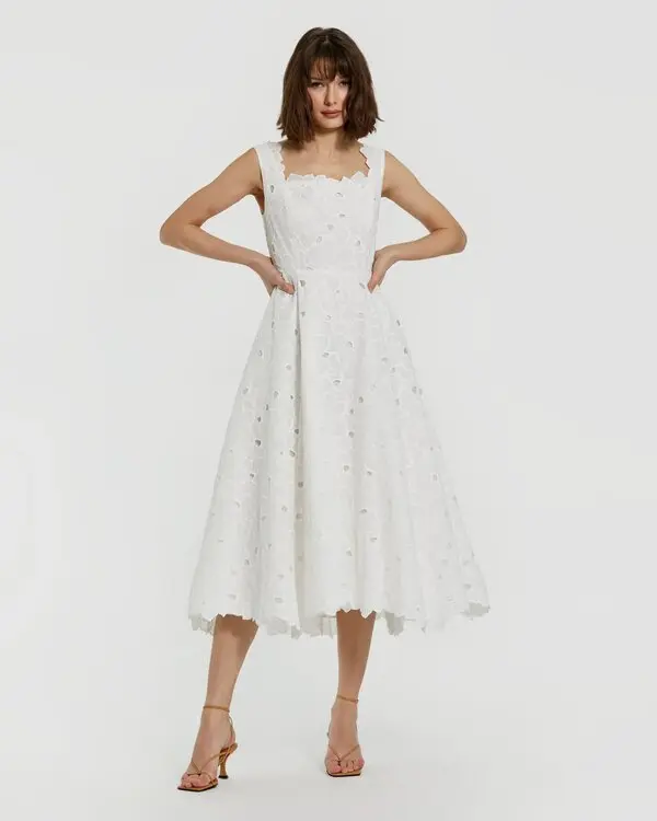 Mac Duggal Embroidered Cotton A-line Midi Dress