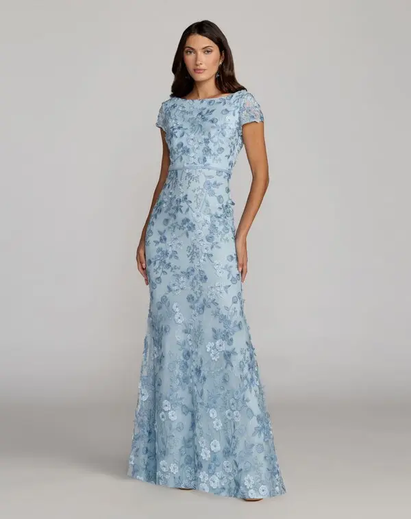 Mac Duggal Petite Blue Floral Applique Boat Neck Cap Sleeve Gown - Powder Blue