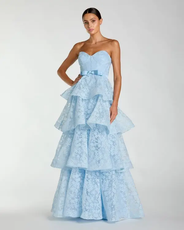 Mac Duggal Blue Strapless Floral Organza Tiered Gown With Bow - Powder Blue