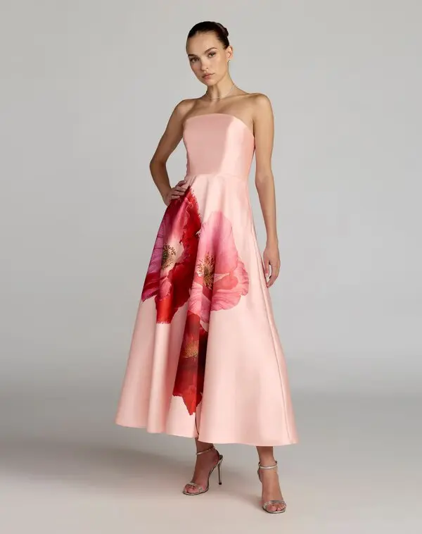 Mac Duggal Pink Strapless A Line Midi Dress With Flower Print - Blush Multi